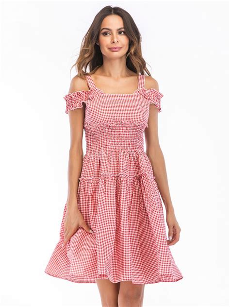 Robes d été 2023 Plaid manches courtes volants Coton Robe Midi
