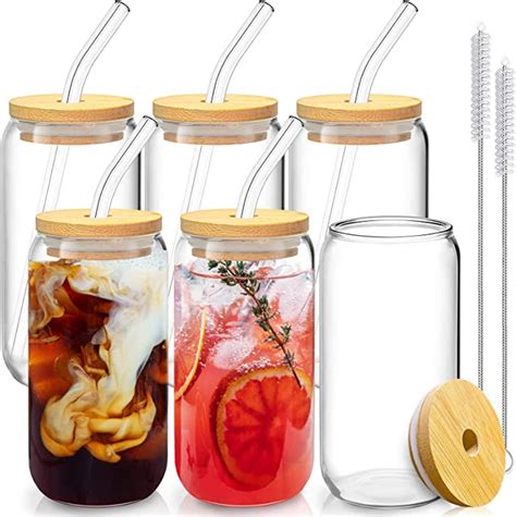 Motyya 6 Pcs Drinking Glasses With Bamboo Lids And Straw 16 Oz Can