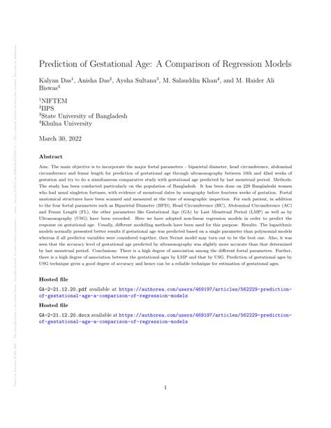 Pdf Prediction Of Gestational Age A Comparison Of Regression Models