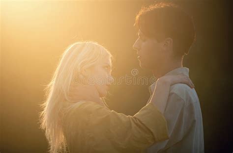 Sensual Lovers Hugging And Kissing At Sunset Young Couple In Love Hug