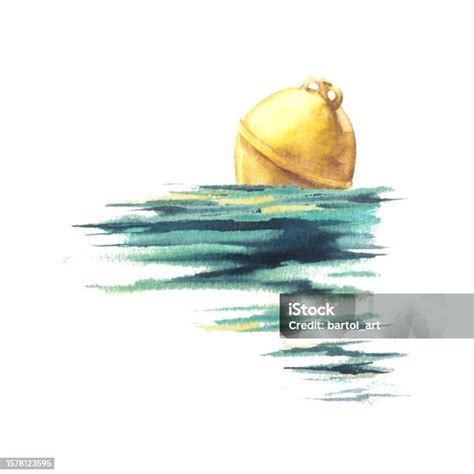 에메랄드빛 바다의 노란 부표 수채화 작품 흰색 배경에 분리된 손으로 그린 노랑에 대한 스톡 벡터 아트 및 기타 이미지 노랑