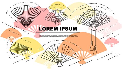 전단지 또는 인사말 카드 디자인 손 팬 아시아 스타일 빈티지 기념품 윤곽 스타일 플랫 벡터 일러스트 레이 션 흰색 배경에 컬러 실루엣 손 팬 갈색에 대한 스톡 벡터 아트 및