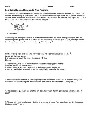 Fillable Online Log Natural Log And Exponential Word Problems Y A B Fax Email Print