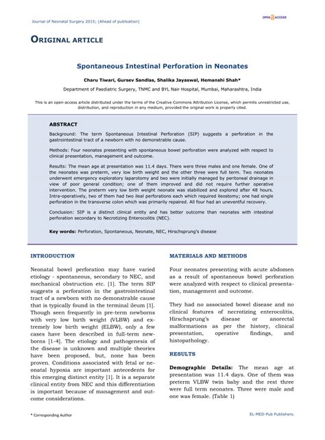 Pdf Spontaneous Intestinal Perforation In Neonates