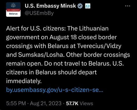 Посольство США в Беларуси призвало своих граждан немедленно покинуть