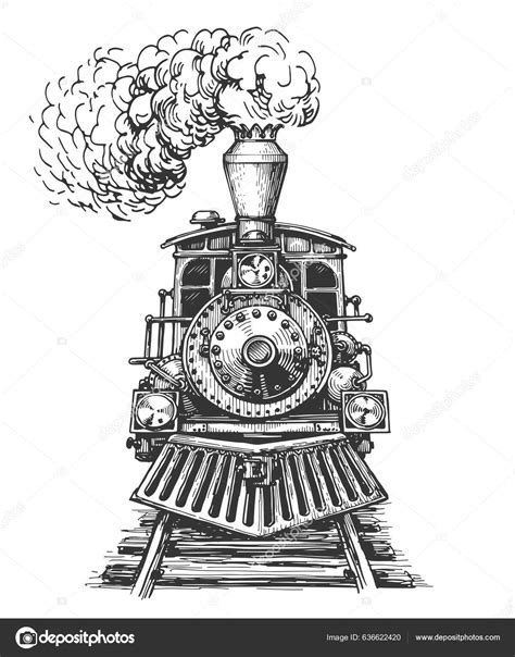 Hand Drawn Retro Train Sketch Vintage Steam Locomotive Engraving Style