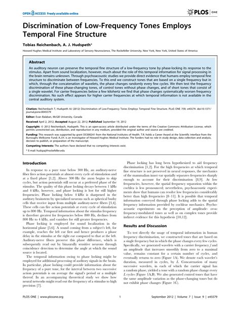 Pdf Discrimination Of Low Frequency Tones Employs Temporal Fine Structure