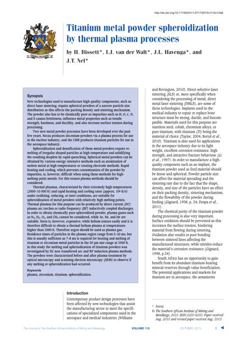 Pdf Titanium And Zirconium Metal Powder Spheroidization By Thermal Plasma Processes
