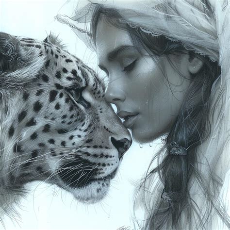 A Drawing Of A Woman And A Leopard With A Leopard On The Face Premium AI Generated Image