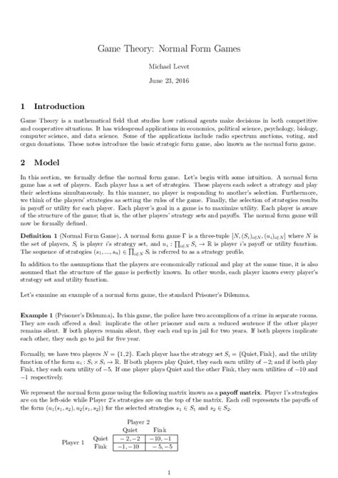 Pdf Game Theory Normal Form Games