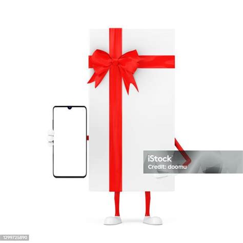 화이트 기프트 박스와 레드 리본 캐릭터 마스코트와 디자인에 대한 빈 화면현대 휴대 전화 3d 렌더링 개념에 대한 스톡 사진 및 기타 이미지 Istock