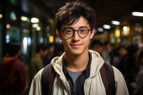 Premium Ai Image Young Asian Man With Glasses Standing In A Subway