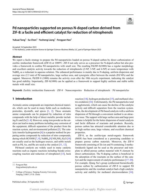Pd Nanoparticles Supported On Porous N Doped Carbon Derived From Zif 8 A Facile And Efficient