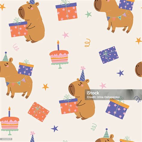생일을 축하하는 Capybaras와 함께 귀여운 완벽 한 벡터 패턴 파티 모자를 쓴 재미있는 카피바라가 선물 상자 축제 케이크 화려한 별 색종이 조각을 들고 밝은 배경에