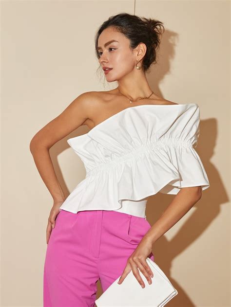 Blusa De Un Hombro Fruncido Ribete Con Fruncido Moda De Mujer