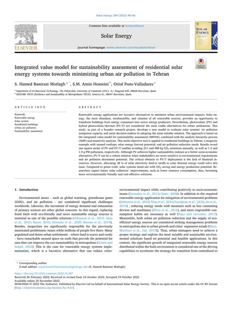 Pdf Integrated Value Model For Sustainability Assessment Of Residential Solar Energy Systems