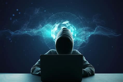 Premium Photo Hacker Using Laptop At Desktop With Creative Glowing Metaverse Hologram On Blue