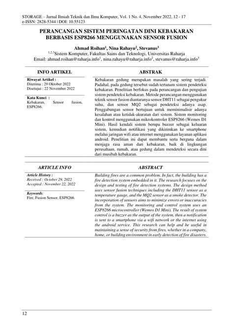 Pdf Perancangan Sistem Peringatan Dini Kebakaran Berbasis Esp8266
