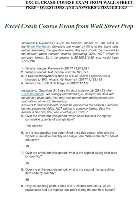 EXCEL CRASH COURSE EXAM FROM WALL STREET PREP QUESTIONS AND ANSWERS UPDATED NURSING