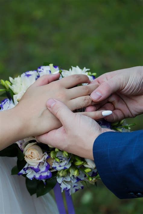The Groom Places The Ring On The Brideand X27s Hand Photo Closeup Stock