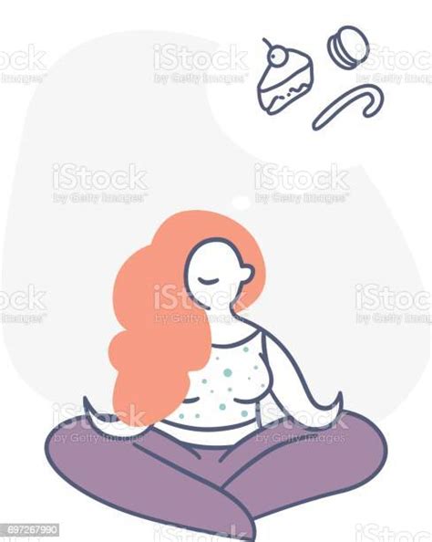 벡터 일러스트입니다 귀여운 빨강 머리 여자 요가 연습 하 고 과자에 대 한 꿈 가냘픈에 대한 스톡 벡터 아트 및 기타 이미지
