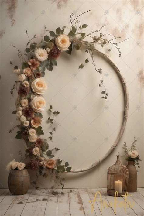 Elegant Boho Oval Digital Floral Frame Photography Backdrop Digital