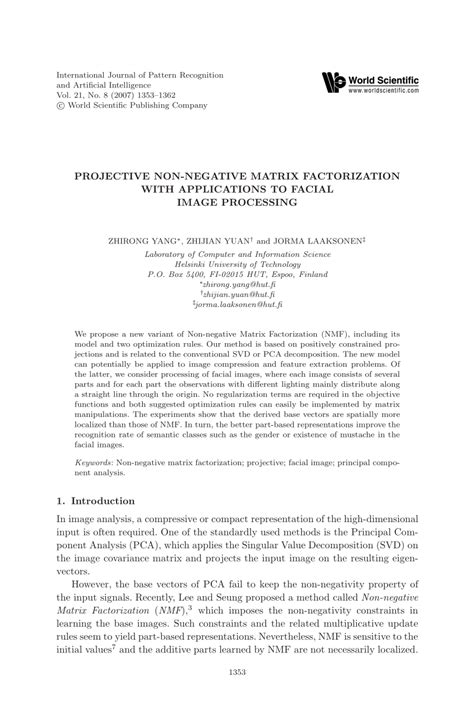 Pdf Projective Non Negative Matrix Factorization With Applications To Facial Image Processing