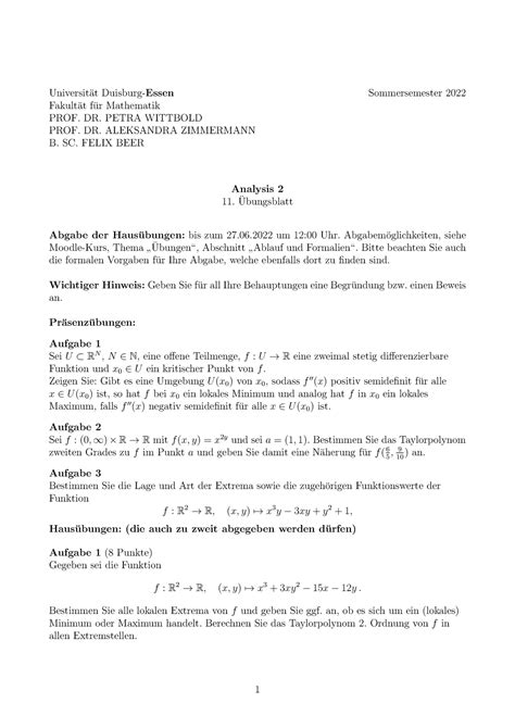 Übungsblätter Analysis SoSe Universit at Duisburg Essen Sommersemester Fakult at f