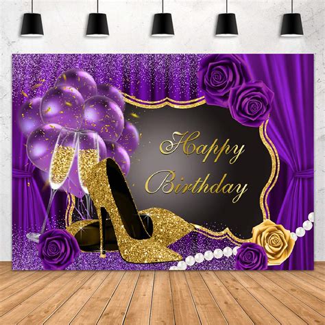 Aperturee 7x5ft Sweet Purple Happy Birthday Backdrop Rose Shiny Sequin