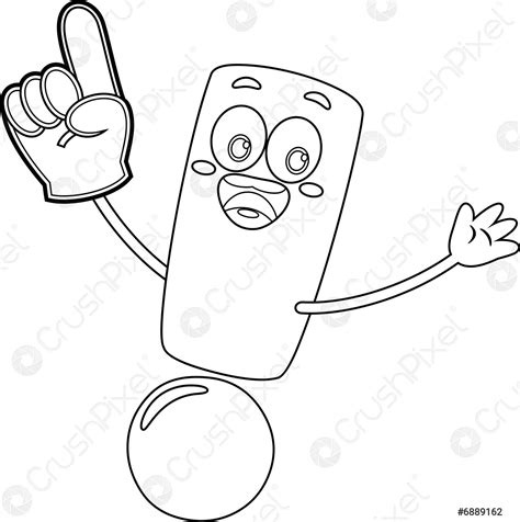 Outlined Cute Exclamation Mark Cartoon Character Wearing A Foam Finger