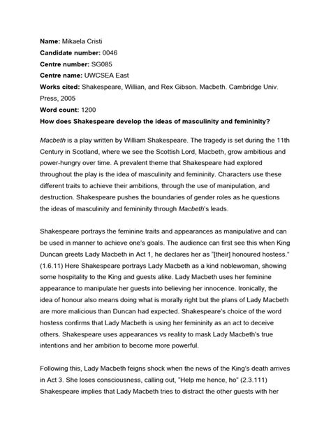 Mia Shakespeare Critical Essay Draft Pdf Macbeth Masculinity