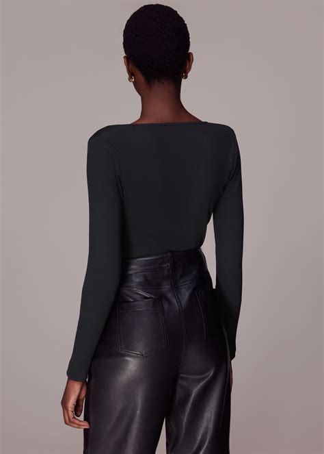 Black Ribbed Asymmetric V Neck Top Whistles