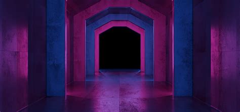 공상 과학 소설 미래 네온 보라색 파란색 빛 빛나는 레이저 터널 룸 지하 우주선 어두운 빈 그런지 콘크리트 반사 가상 현실 그래픽 배경 3d 렌더링 0명에 대한 스톡 사진