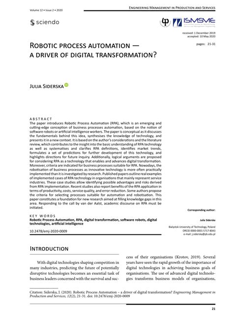 Pdf Robotic Process Automation — A Driver Of Digital Transformation