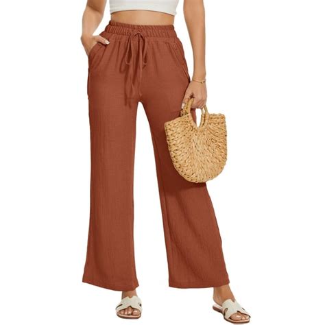 Hanerdun Womens Pants Pocket High Waist Bottoms Solid Wide Leg Trousers