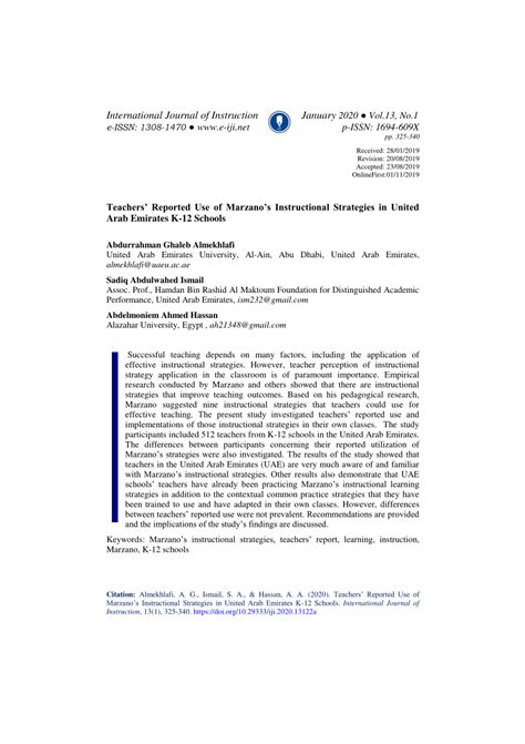 Pdf Teachers Reported Use Of Marzano S Instructional Strategies In