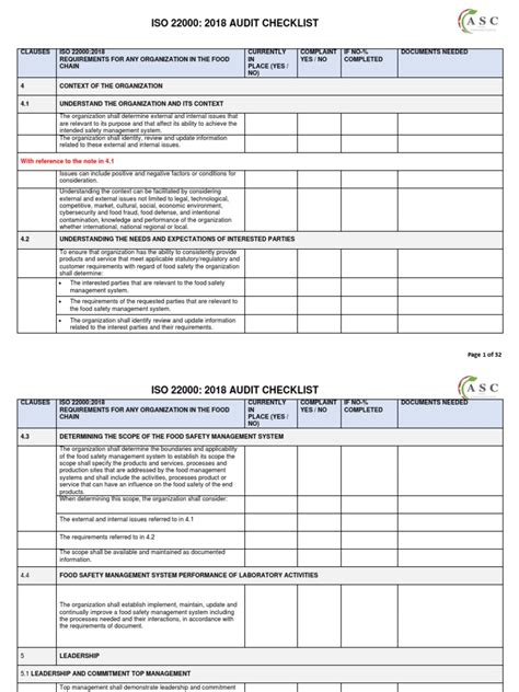 Iso 22000 Audit Checklist Pdf Risk Food Safety