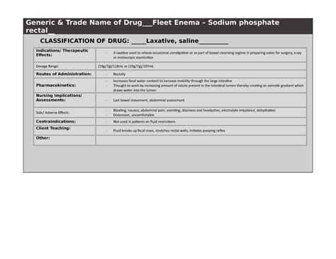 Enema Drug Card This Is Required For Lab Generic And Trade Name Of Drug Fleet Enema Sodium