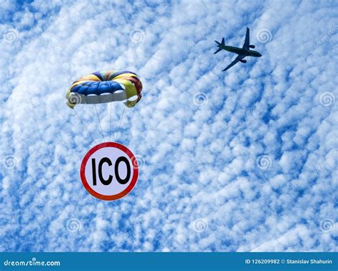 Ico Sign Is Flying On A Parachute From An Airplane Airdrop Token Stock