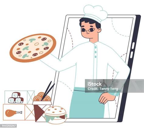 음식 서비스 온라인 피자 배달 앱 가제트 화면의 남자는 테이크아웃 음식 서비스를 제공하고 웹 레스토랑 플랫폼 앱은 흰색 배경에