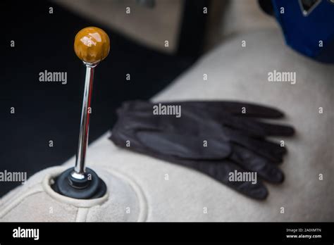 Close Up Horizontal Shot Of The Gear Shifter Of A Vintage Car Stock