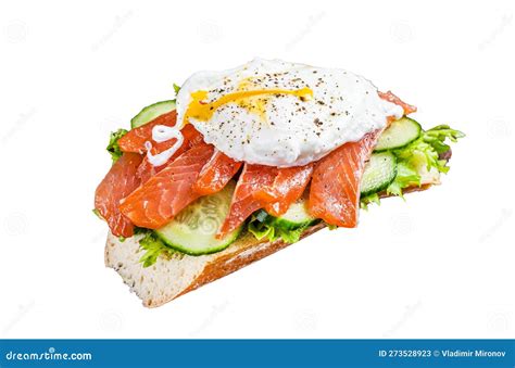 Poached Egg With Smoked Salmon And Avocado On Toast Isolated On White
