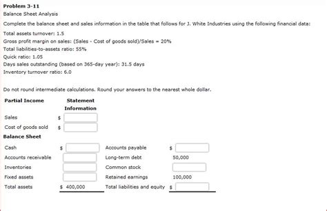 Solved Problem 3 11 Balance Sheet Analysis Complete The Chegg