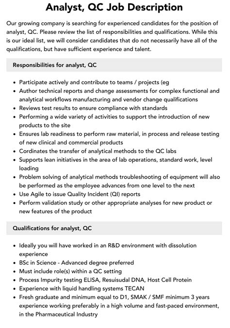 Analyst Qc Job Description Velvet Jobs
