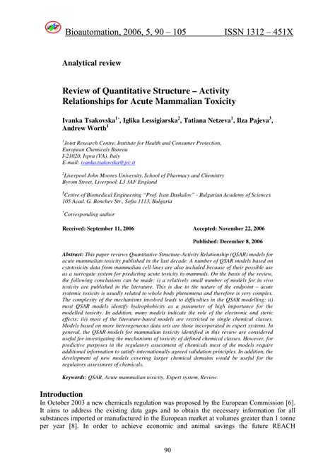 Pdf Review Of Quantitative Structure Activity Relationships For Acute Mammalian Toxicity