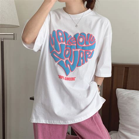 엠보싱 하트 프린팅 면 라운드 반팔 롱 티셔츠 박스티 Ts0430 빅사이즈 루즈핏 봄 여름 코디