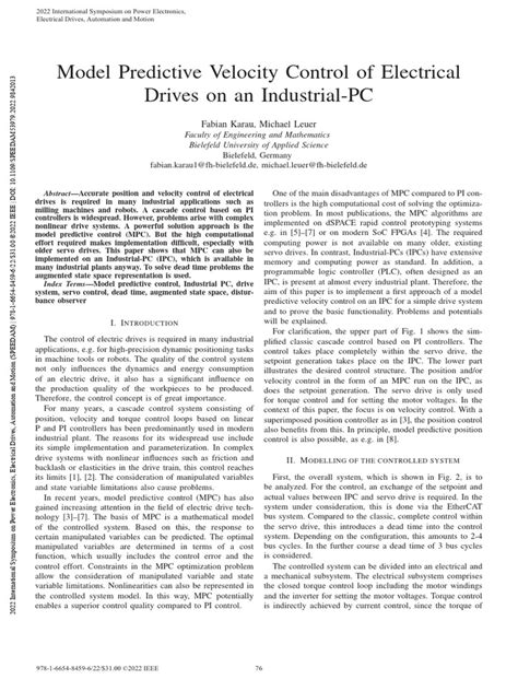 Model Predictive Velocity Control Of Electrical Drives On An Industrial Pc Pdf Applied