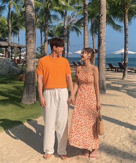 신혼여행룩바캉스룩휴양지룩 감귤 반팔 니트 플라워 롱원피스 커플룩 시밀러룩