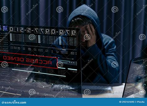 Hacker In Black Hood Use Computer And Failed In Cyber Attack Through Interne Stock Image Image