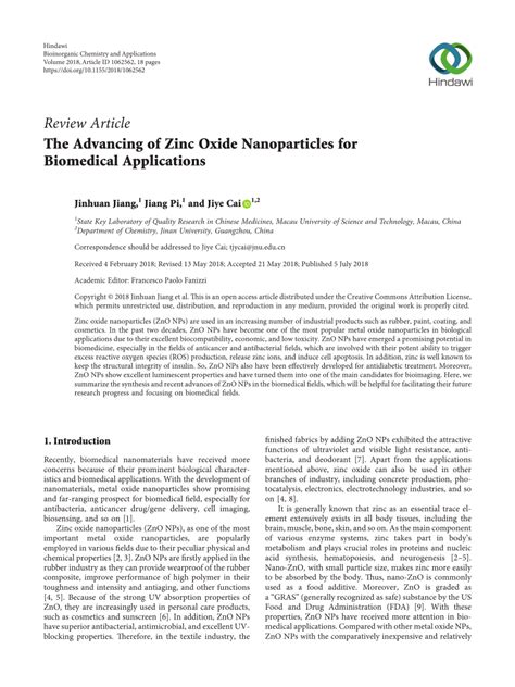 Pdf The Advancing Of Zinc Oxide Nanoparticles For Biomedical Applications